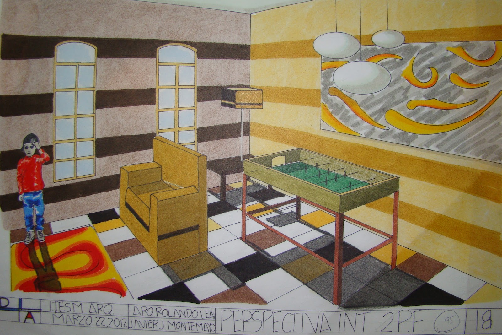 Dibujo arquitectónico: Perspectiva interior de 2 puntos de fuga