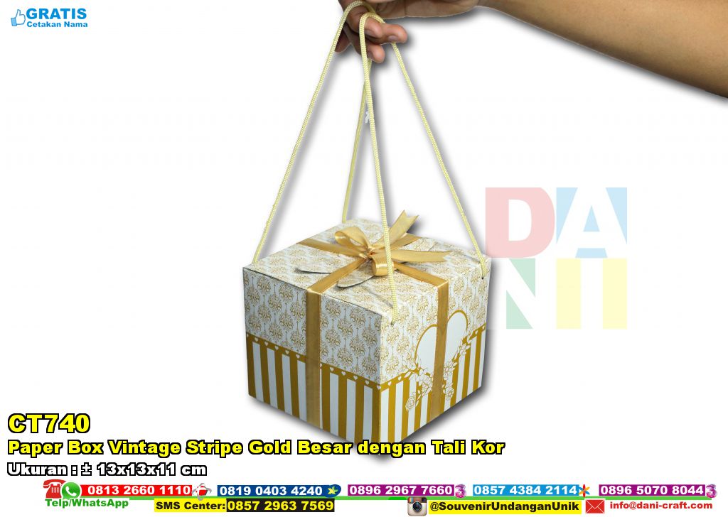 Paper Box Vintage Stripe Gold Besar Dengan Tali Kor | Souvenir Pernikahan