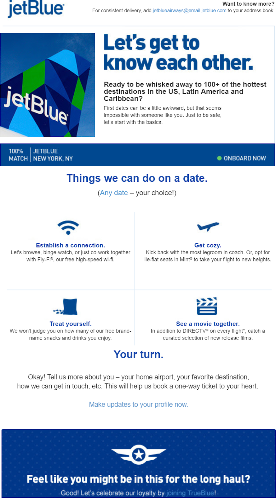 Jet Blue's romantic welcome letter! - The Airline Blog