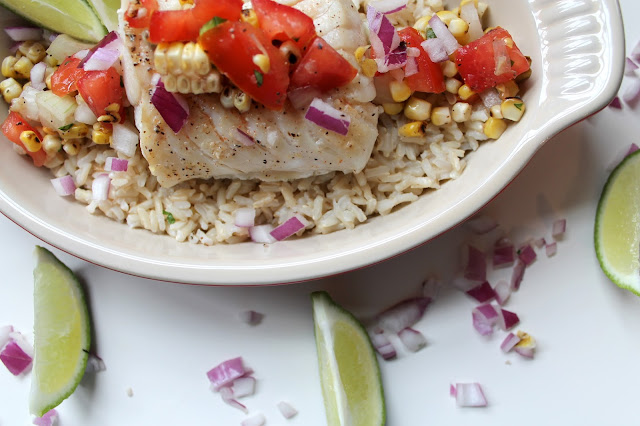 Cod Rice Bowl Topped With Fresh Corn Salsa - The Berger Bungalow