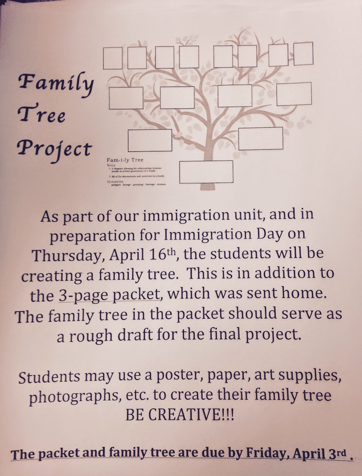 Learning with Laverty: Immigration Day Family Tree Project Information: