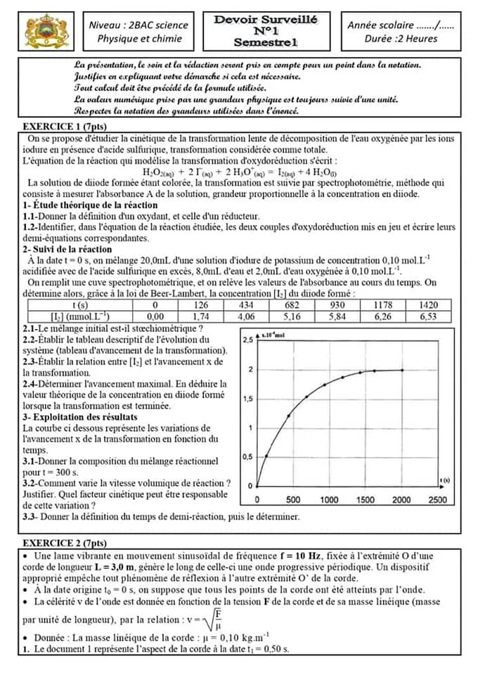 controle 1 physique-chimie semestre 1 2bac international