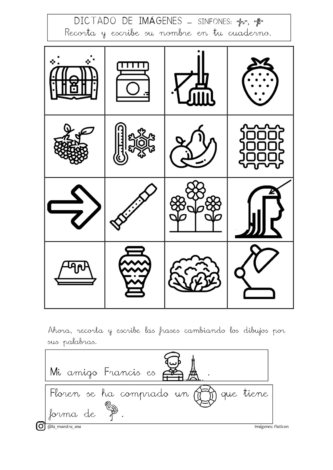 Tizas de colores: Dictado de imágenes con las sílabas trabadas "Fr-" y "Fl"