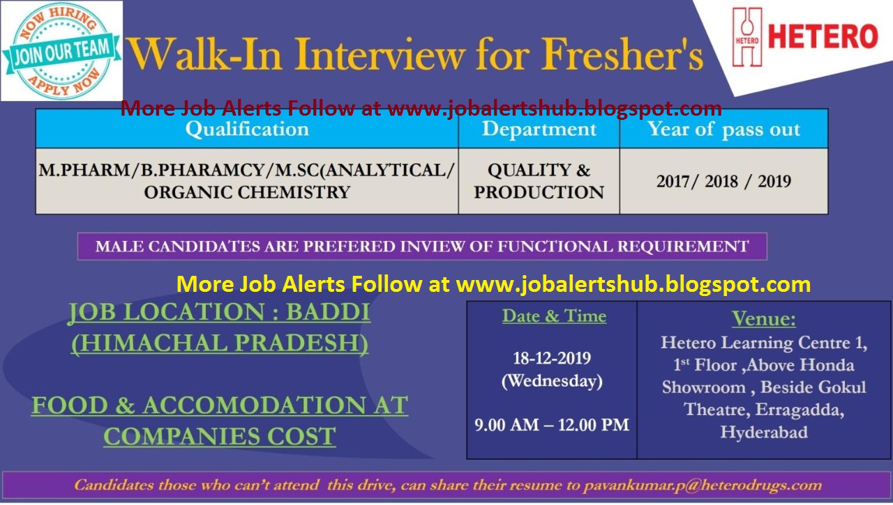 HETERO - Walk-In Interview on 18th Dec' 2019 for Freshers (Quality & Production) - JOB ALERTS HUB