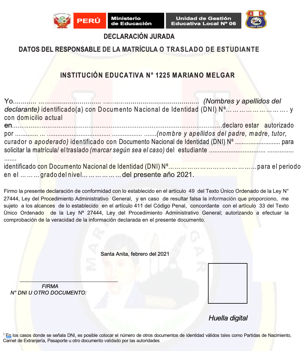 INSTITUCION EDUCATIVA Nº 1225 "MARIANO MELGAR": MATRICULA ESCOLAR 2021