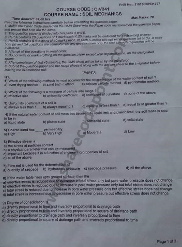 CIV341 : Soil Mechanics End Term Exam Question Paper - CIV 341 - Lpu ...