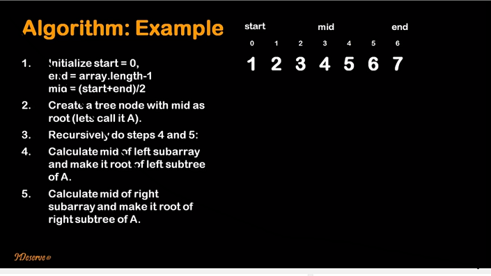 Create a balanced Binary Search Tree (BST) from a sorted array Create a balanced Binary Search Tree (BST) from a sorted array