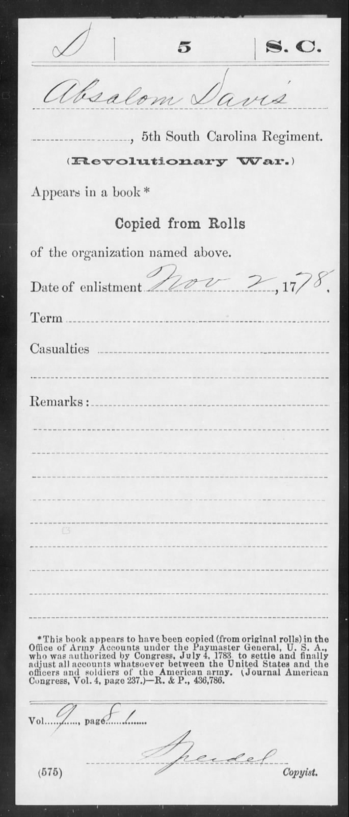 Absalom Davis | Hollis Family