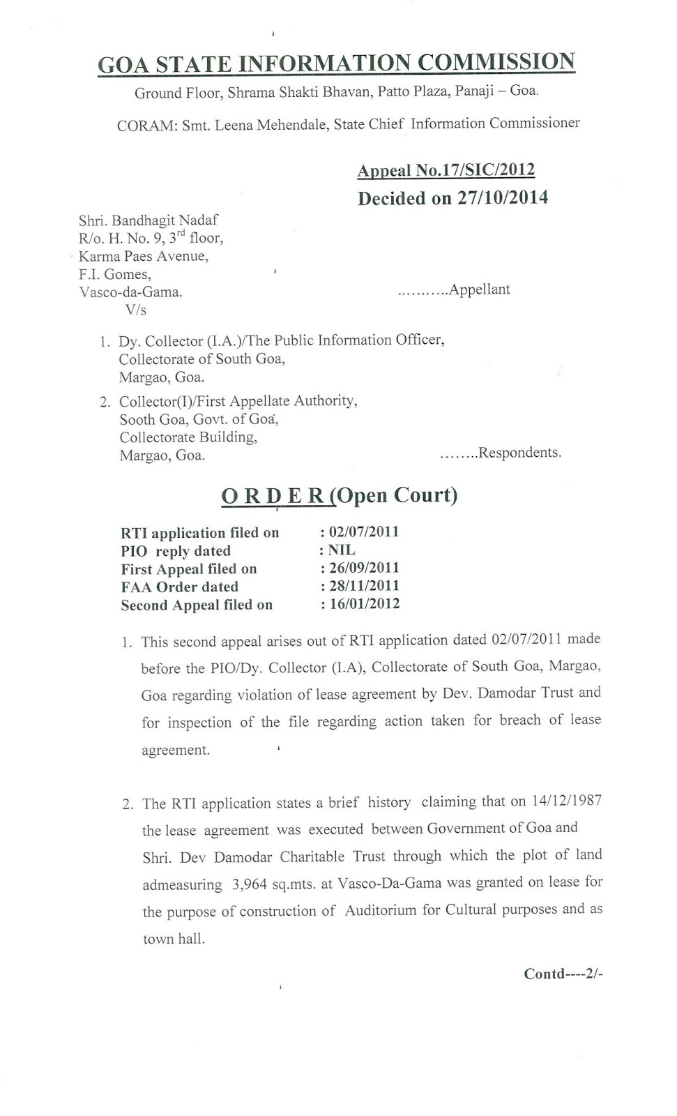 MY RTI JUDGEMENTS: Appeal 17/SIC/2012 on 27/10/2014 (photo)