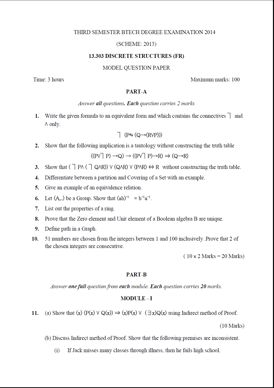 Kerala University B.Tech Discrete Structures ( FR ) 2014 Question Paper ...