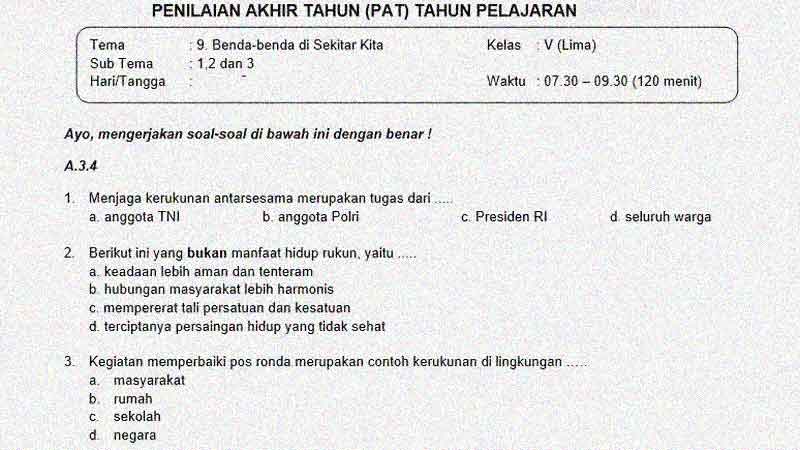 Soal Penilaian Akhir Tahun Kelas 5 Tema 9 dan Kunci Jawabannya - SekolahDasar.Net