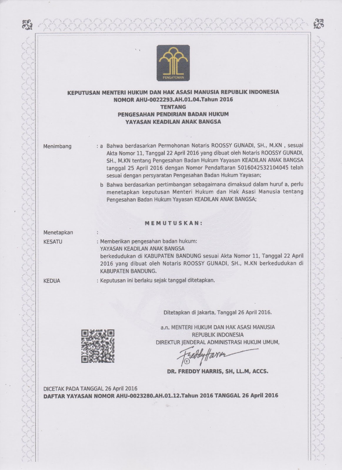 Legalitas Lembaga Bantuan Hukum Yayasan Keadilan Anak Bangsa - Kantor Hukum