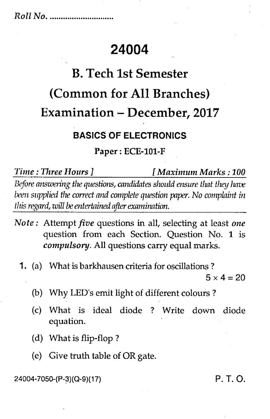 MDU B.Tech 1st Semester Basics of Electronics Dec 2017 Question Paper ...