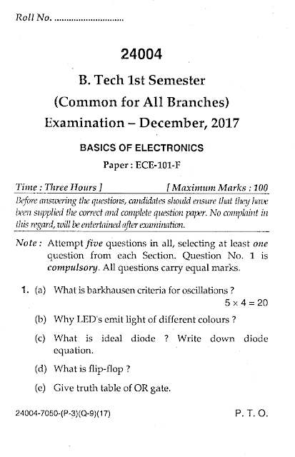 MDU B.Tech 1st Semester Basics of Electronics Dec 2017 Question Paper - University Question Papers