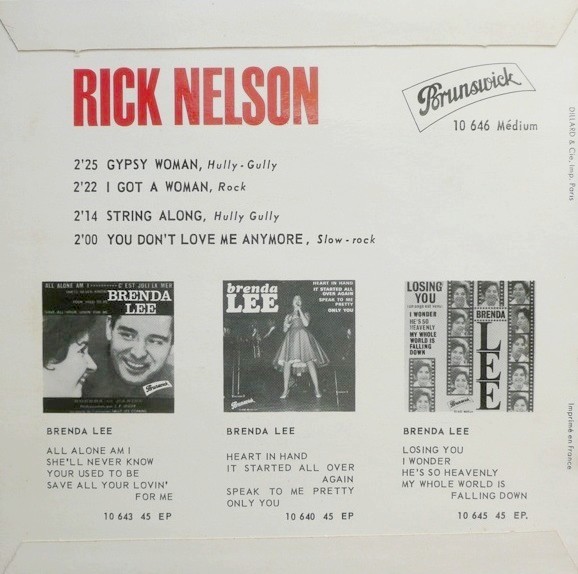 Les EPs français: Rick NELSON - 1963 - FR-BRUNSWICK 10.646 - String ...
