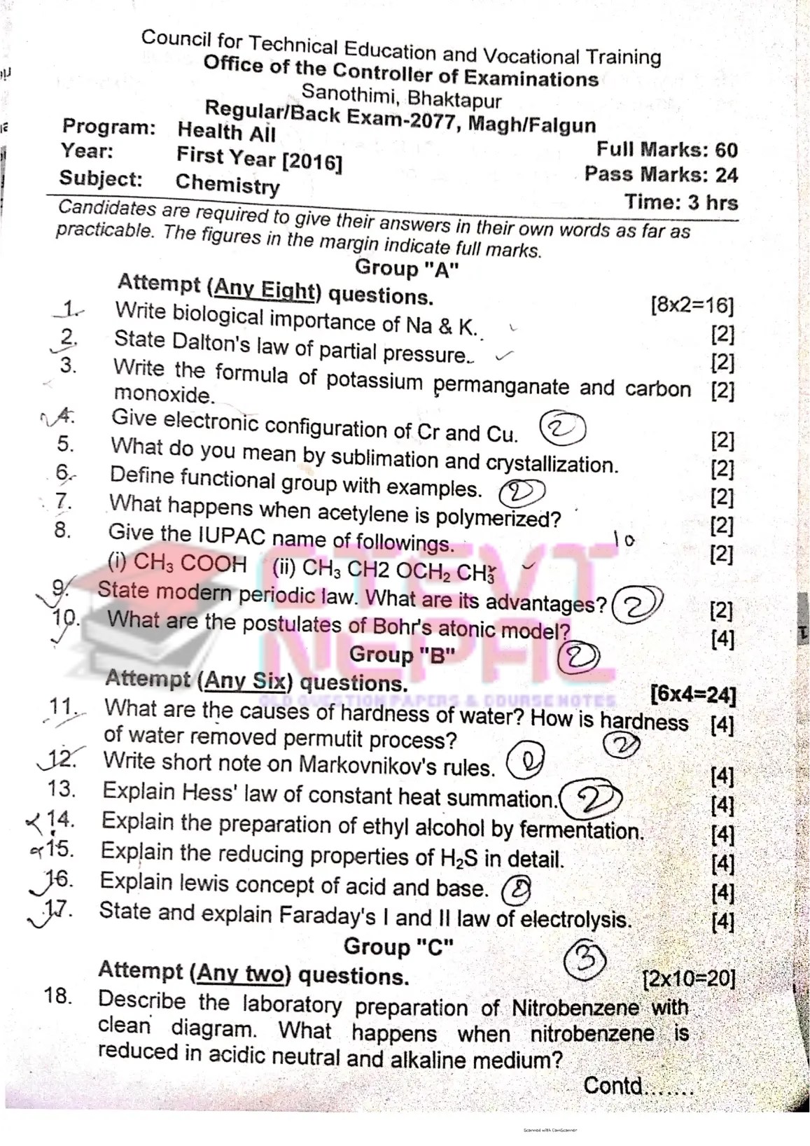 Chemistry - 1st Year Question Papers CTEVT | Certificate/Diploma in ...