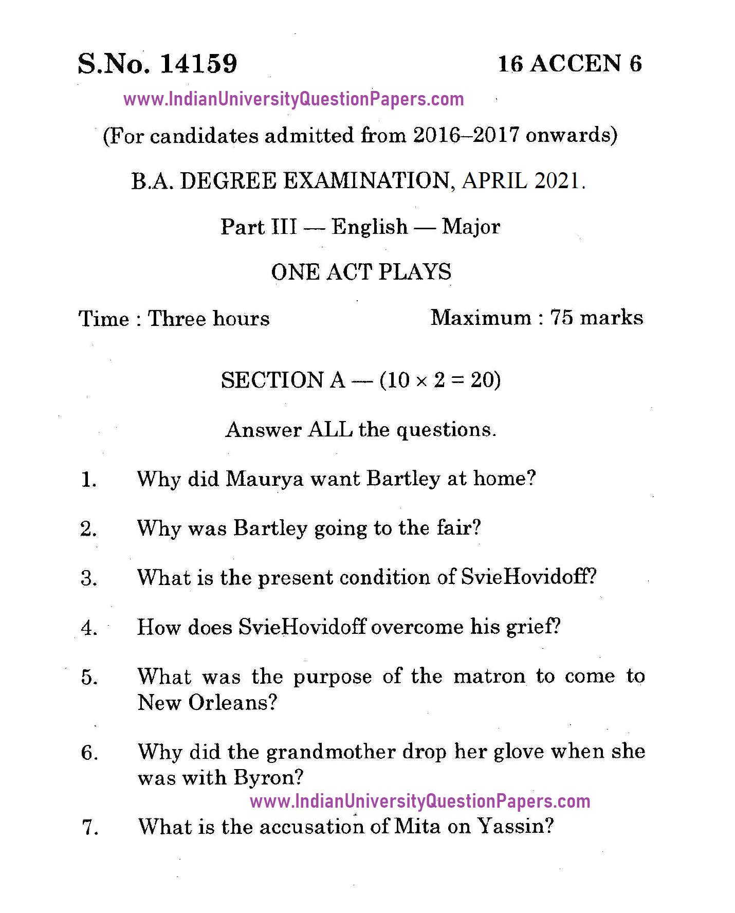 Bharathidasan University B.A English ONE ACT PLAYS April 2021 Question ...