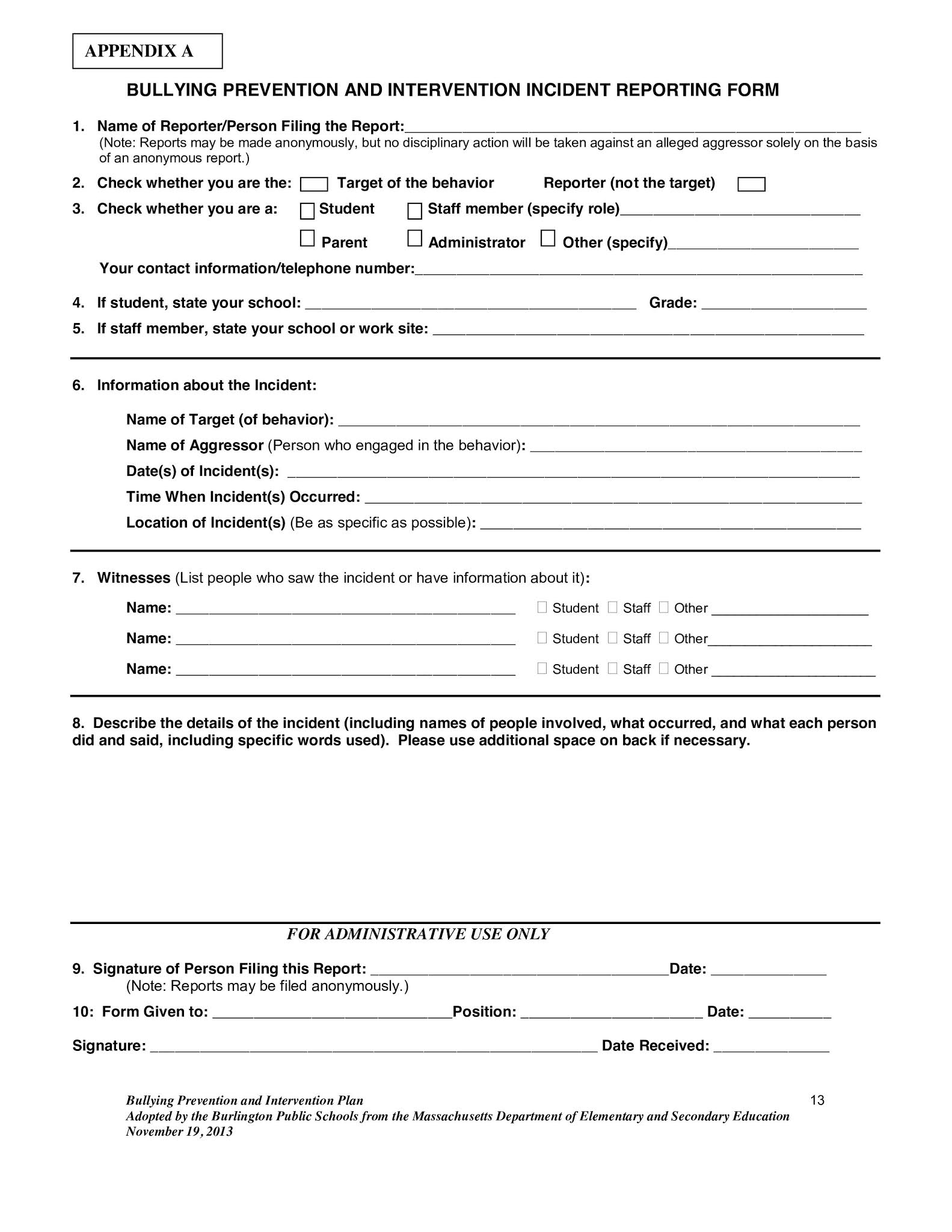 Bully Incident Report Form ~ Certificate Letter