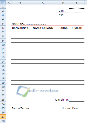 Contoh Form Nota Kontan Dalam Microsoft Excel - ADH-EXCEL.COM Tutorial