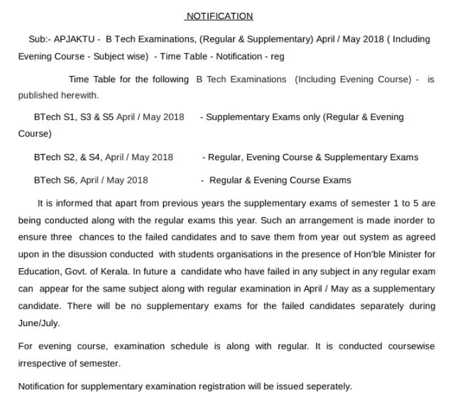 Detailed KTU Exam 2018 Timetable - B.Tech S1 S2 S3 S4 S5 S6 Regular and ...