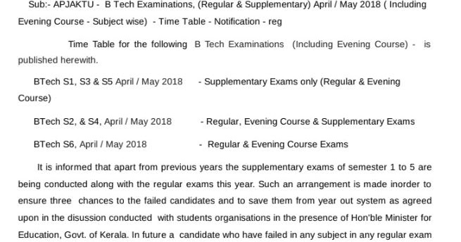 Detailed KTU Exam 2018 Timetable - B.Tech S1 S2 S3 S4 S5 S6 Regular and ...