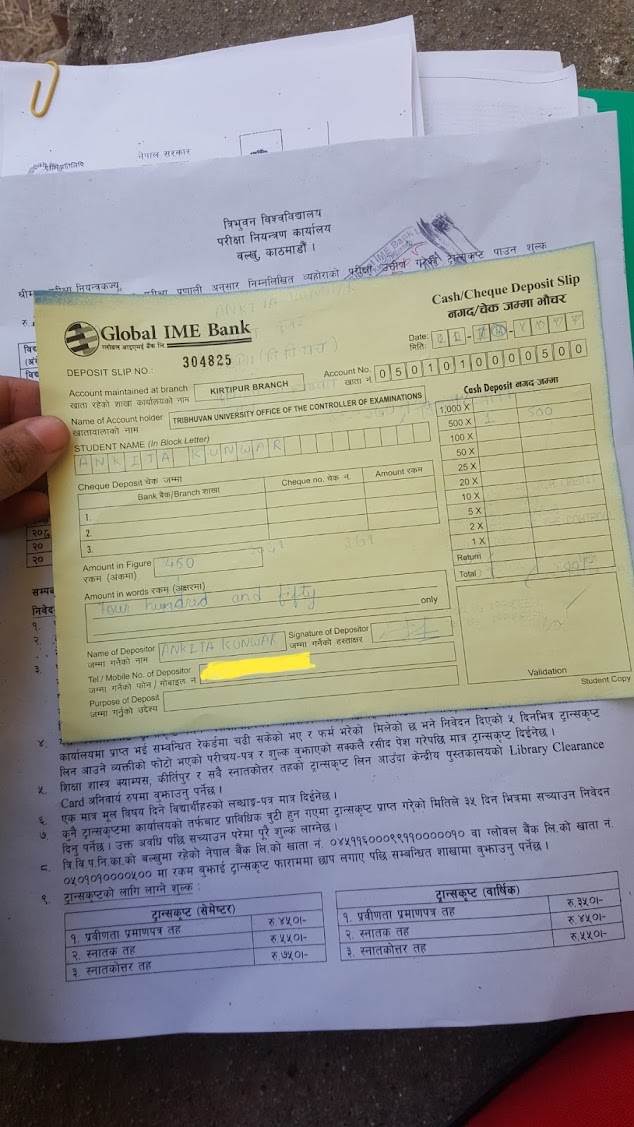 The process to get a Transcript from Tribhuvan University(TU).