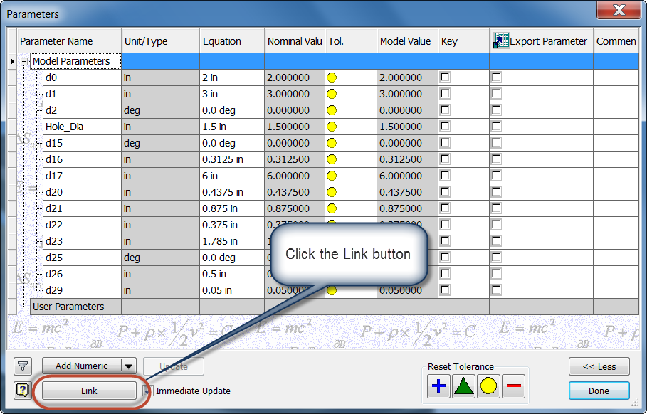 The "Link" button is in the lower left of the parameters box.