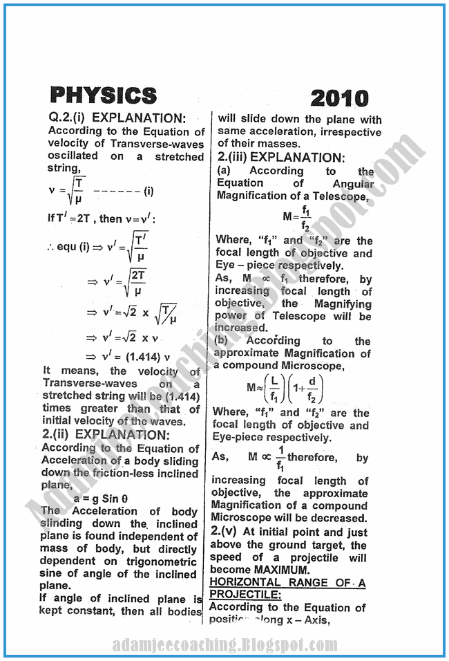 Adamjee Coaching: Physics Numericals Solve 2010 - Past Year Paper ...