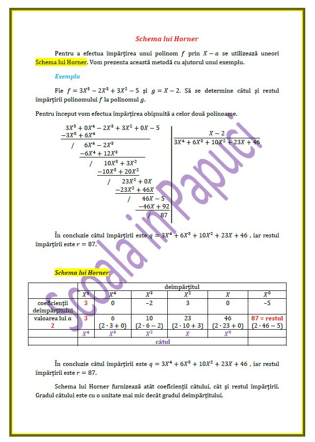 Divizibilitatea unui polinom prin X-a. Teorema lui Bézout. Schema lui Horner - Scoala in Papuci