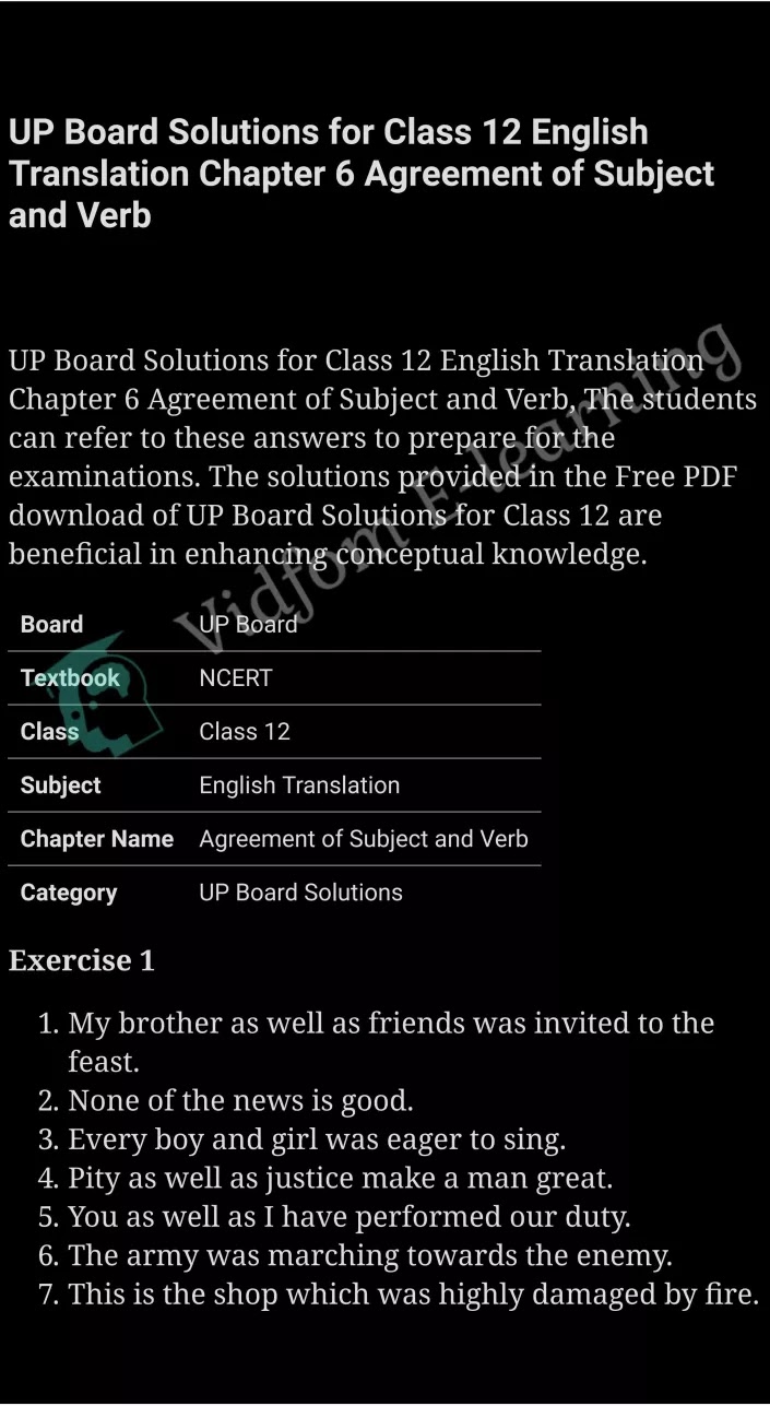 NCERT Solutions for Class 12 English Translation Chapter 6 Agreement of ...
