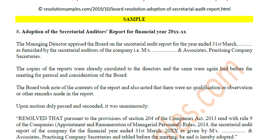 Board Resolution for Adoption of Secretarial Audit Report format