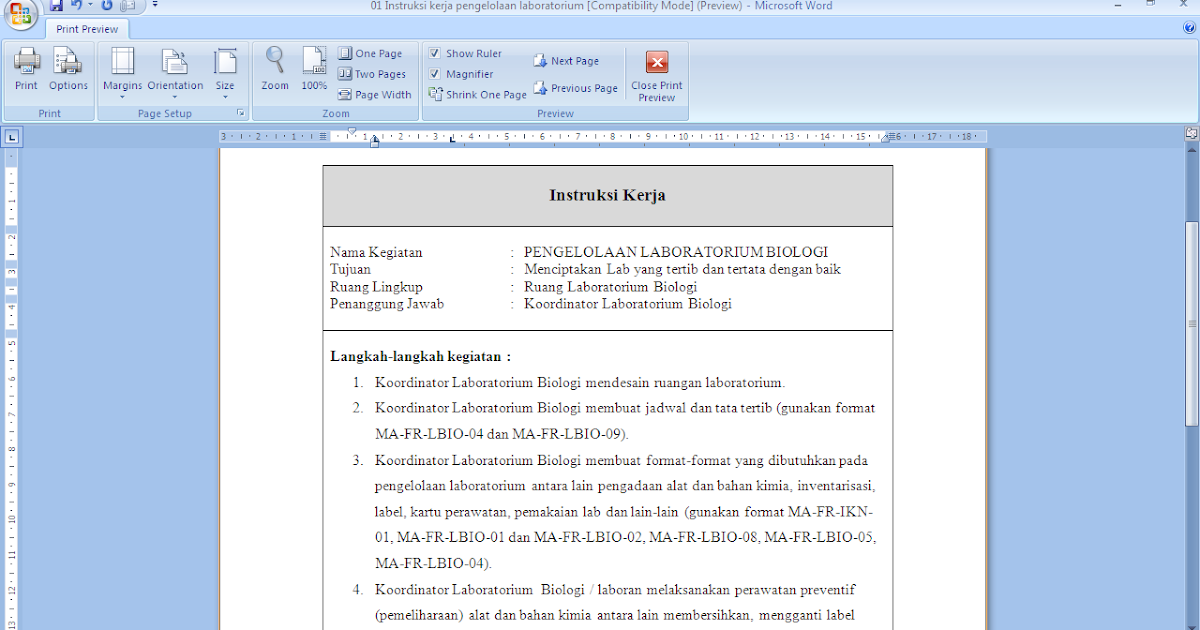 Contoh format instruksi kerja pengelolaan laboratorium biologi sekolah ...
