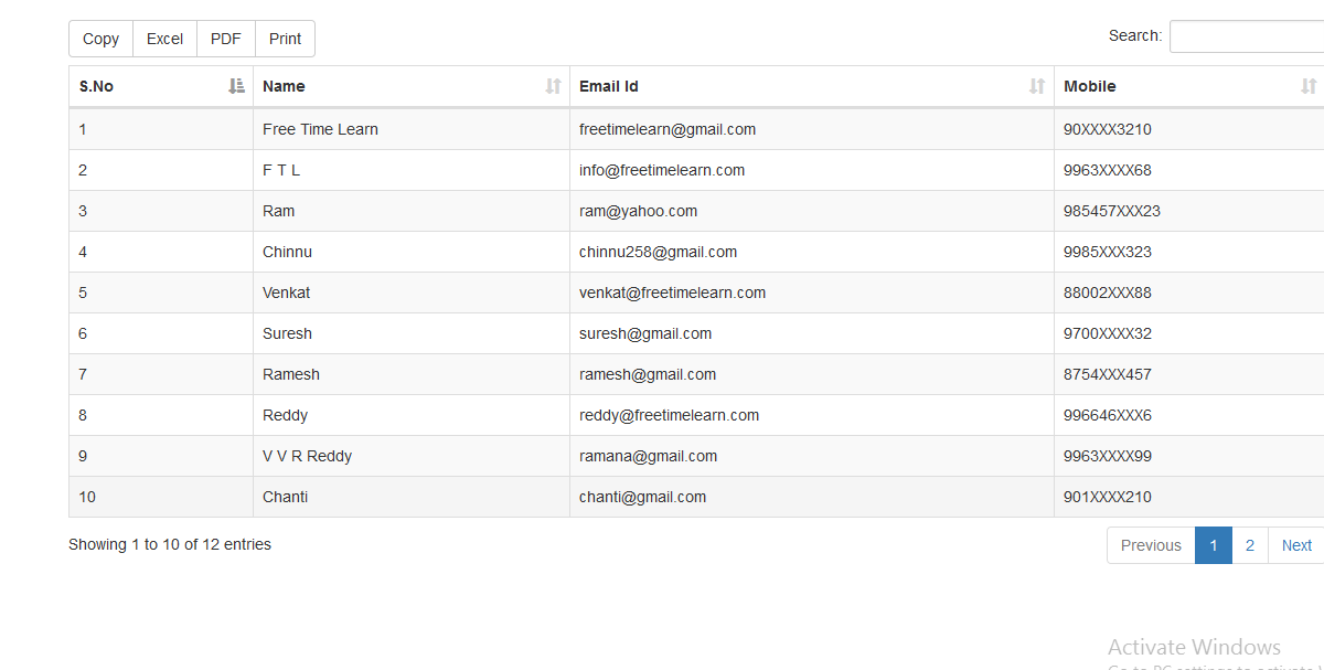 data table with export button in html