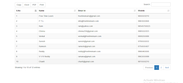 data table with export button in html