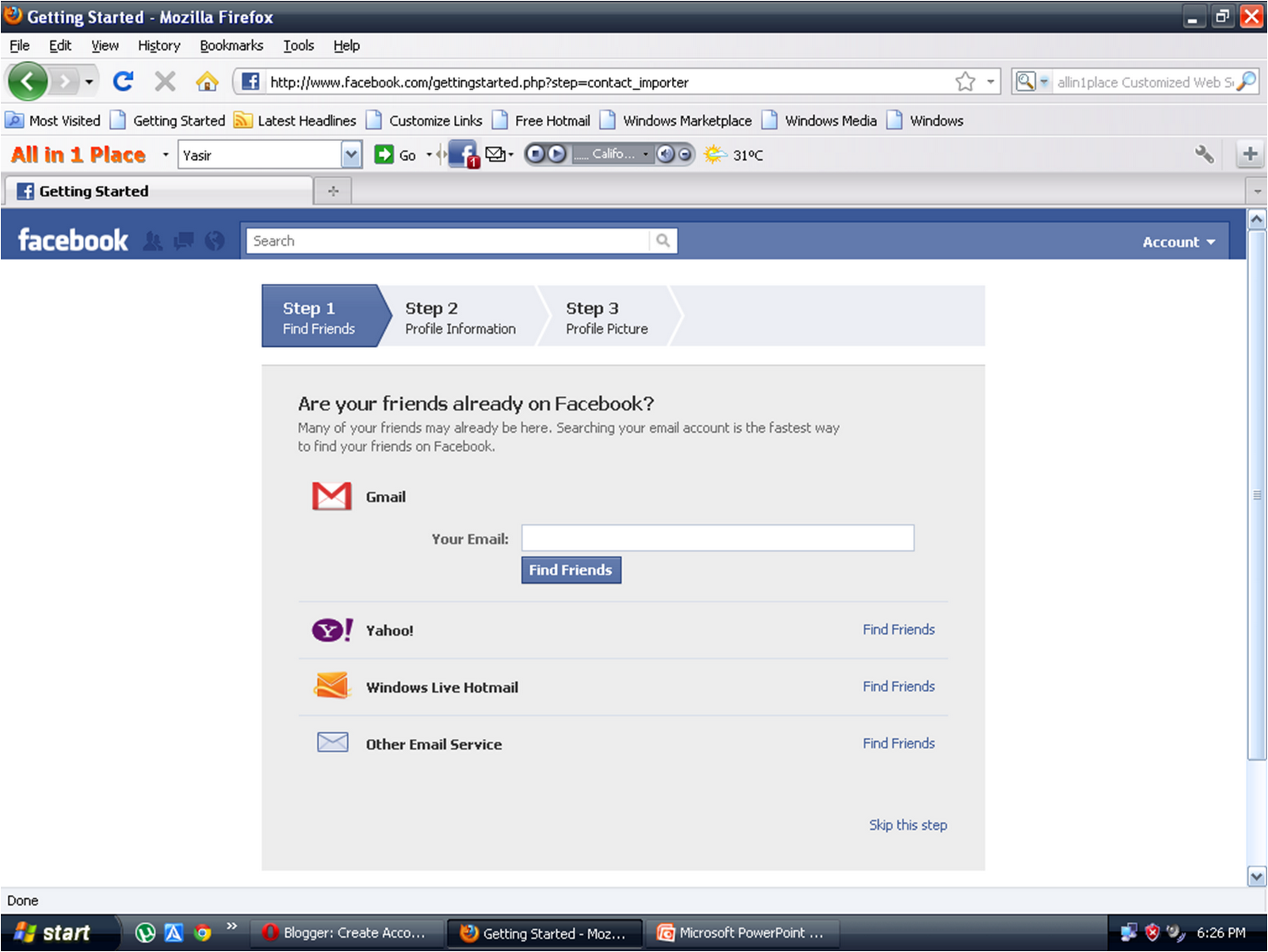 Create Free Account: Facebook