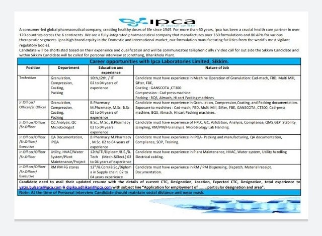 UDYOG ADDA: Ipca Laboratories Ltd - Multiple Openings for Production / Packing / QC / QA / IPQA ...