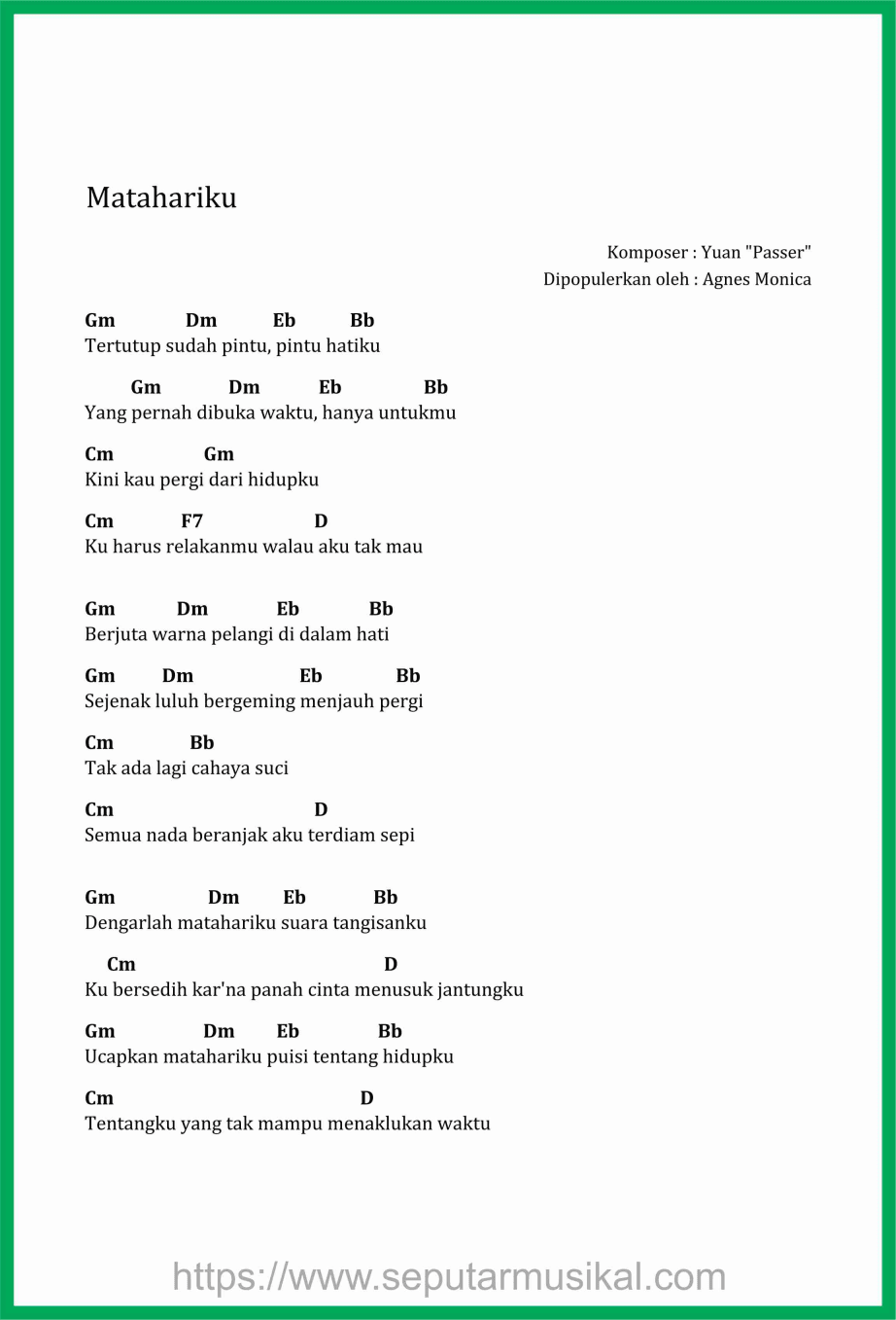 Lirik Lagu Agnes Monica Matahariku Chord - MarshallatOneal