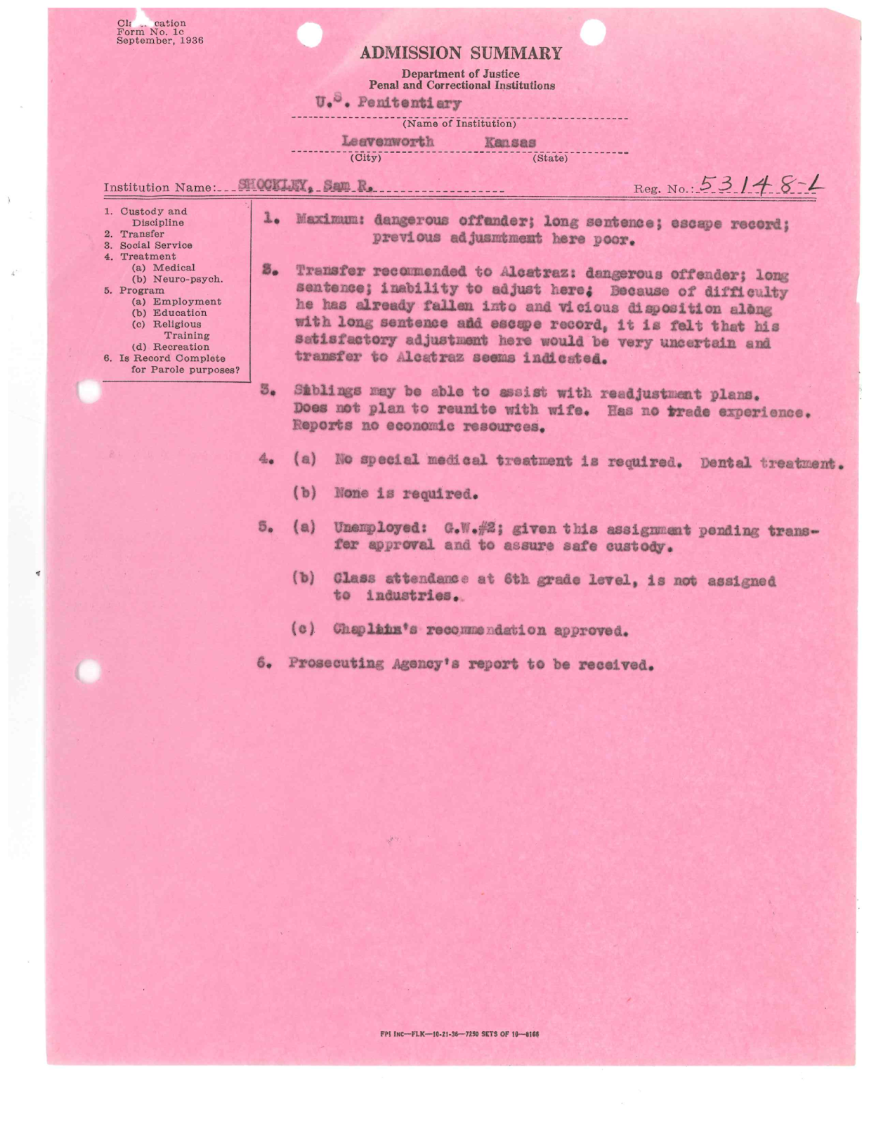 Sam Shockley Biography Alcatraz 1938 - 1948