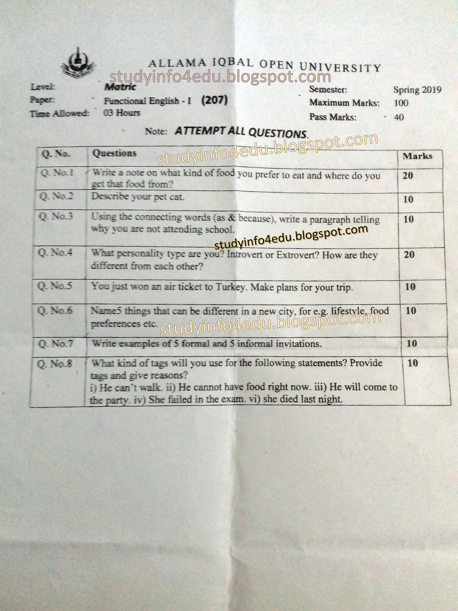 Code 207 aiou old papers 2019