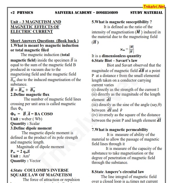12th Physics - Unit 3 - Study Materials - Saiveera Academy - English ...