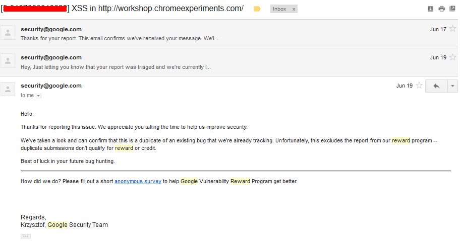 Evan Ricafort | Blog: Blind-XSS in Chrome Experiments - Google (Write Up)