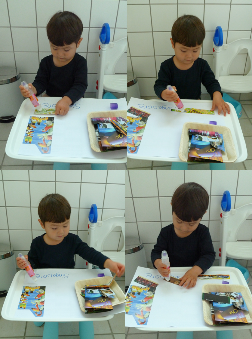 Family FECS: Montessori Activity: Pasting Pictures of Singapore with Glue