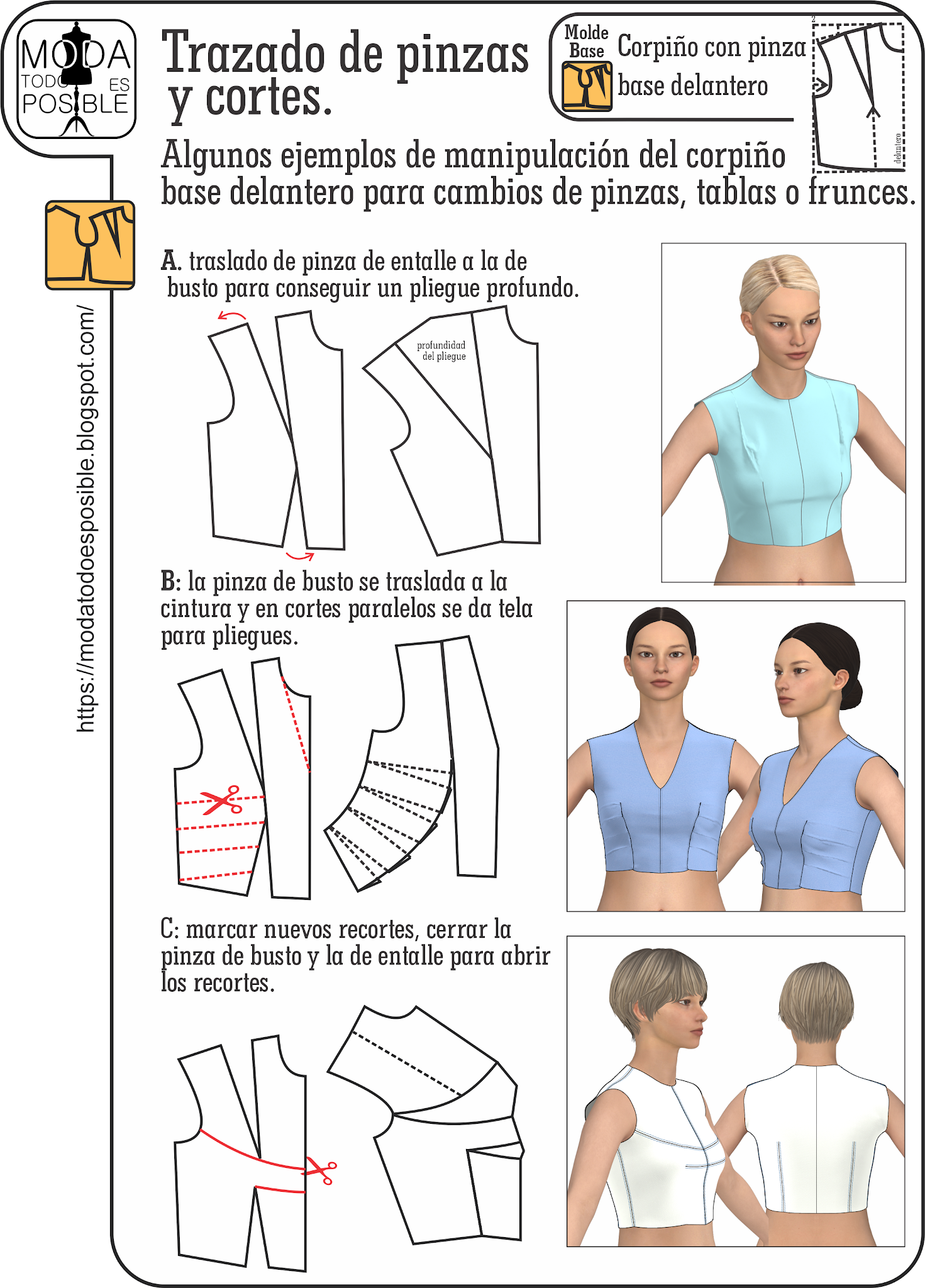 Trazados de pinzas y cortes en el corpiño base