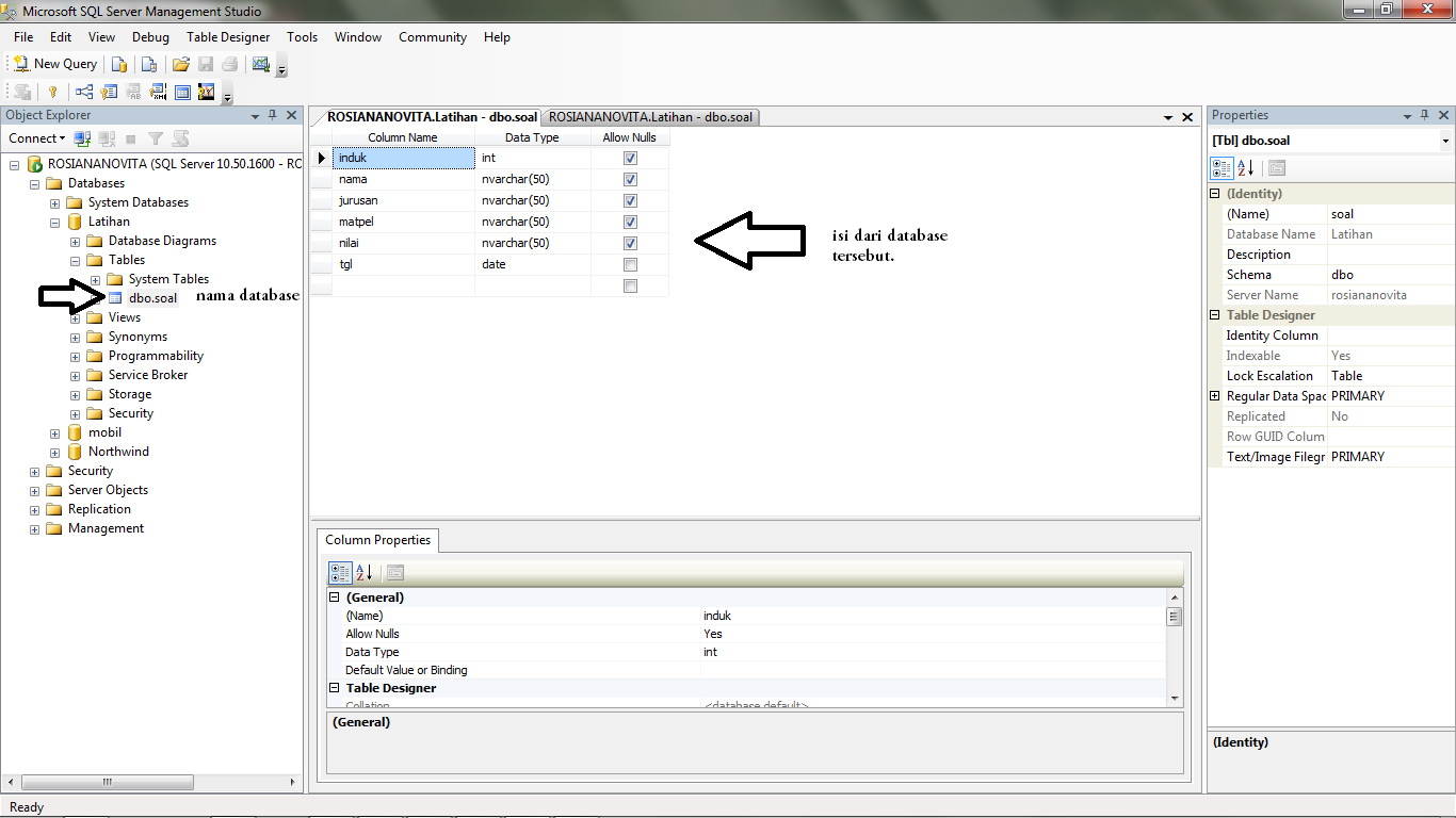 Rosiana Novita: Membuat Database dan tabel dalam SQL 2008