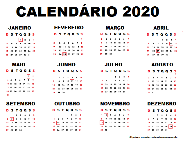 Caderno de Educação: Calendário 2020 com feriados