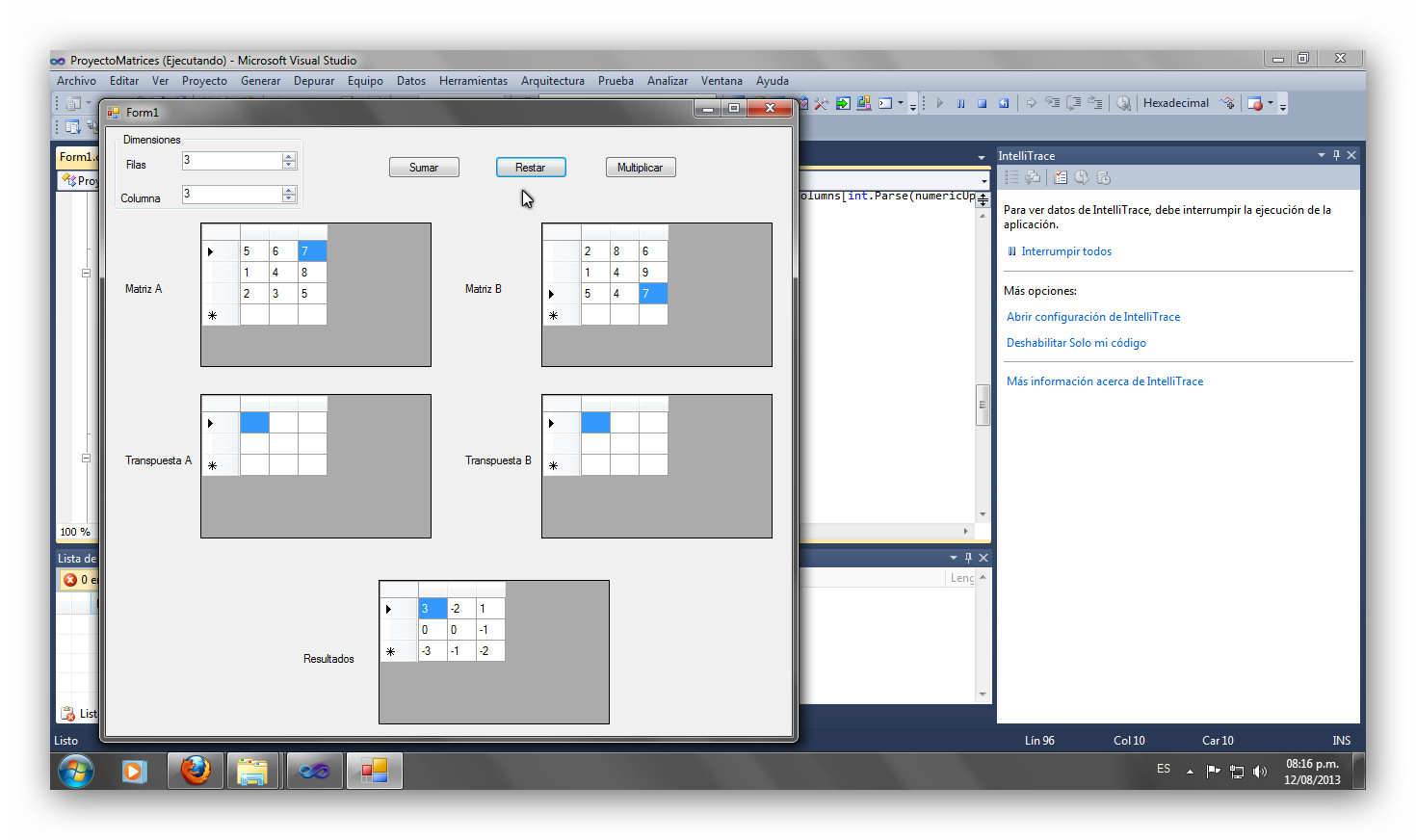 Programacion y Bases de datos: Operaciones con matrices en C#