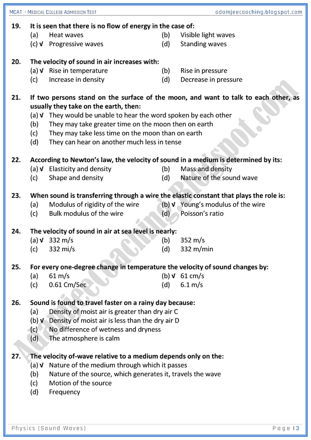 Adamjee Coaching: MCAT Physics [Sound Waves] Mcqs for Medical Entry Test