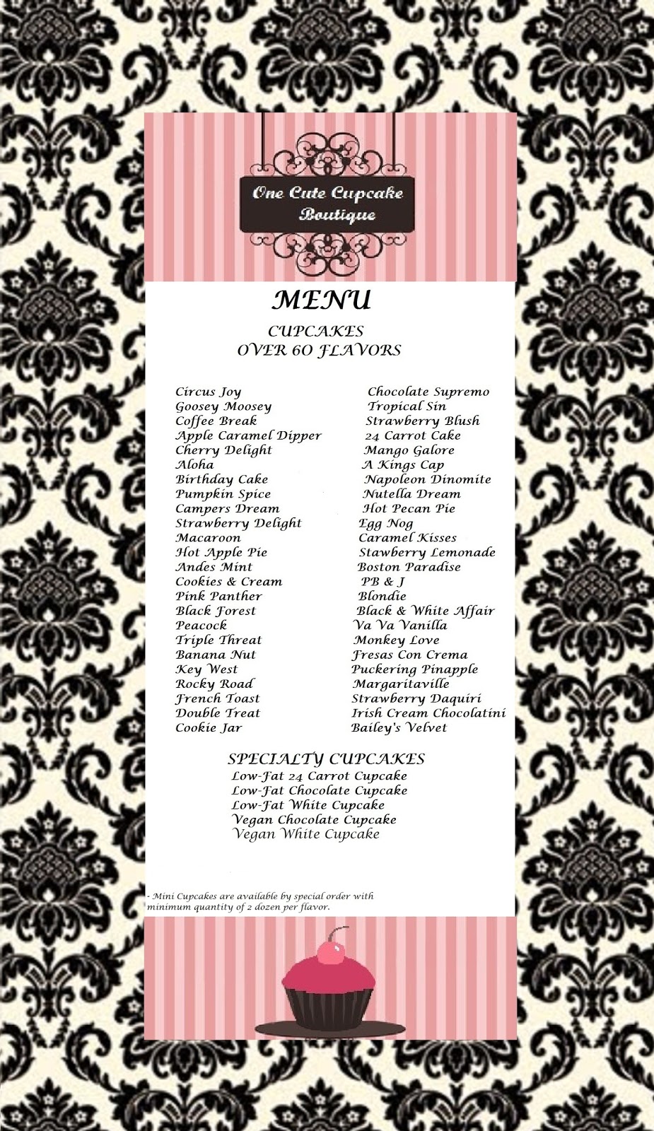 One Cute Cupcake Boutique: One Cute Cupcake Boutique Menu!