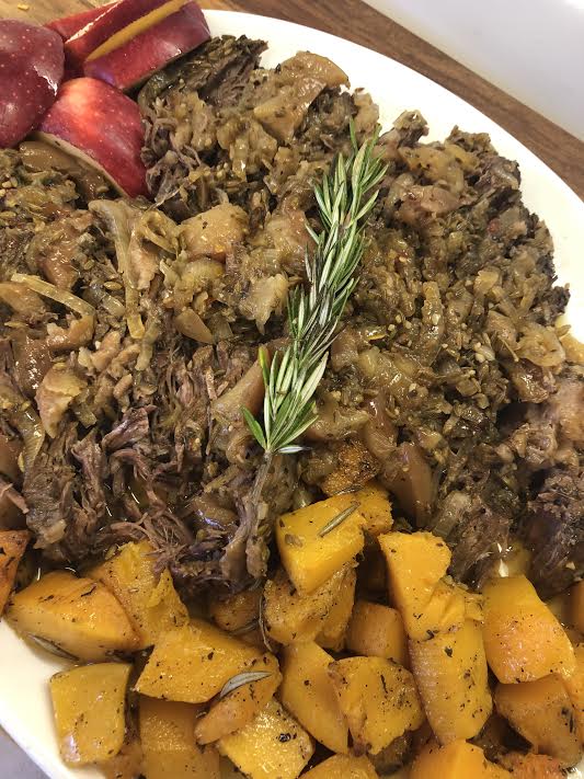 Redhead Says: FALL POT ROAST WITH ROASTED APPLES AND HARD APPLE CIDER.