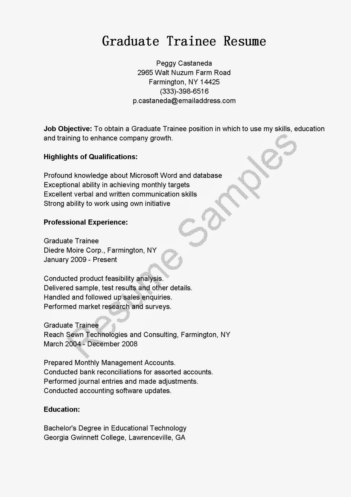 Resume Samples: Graduate Trainee Resume Sample